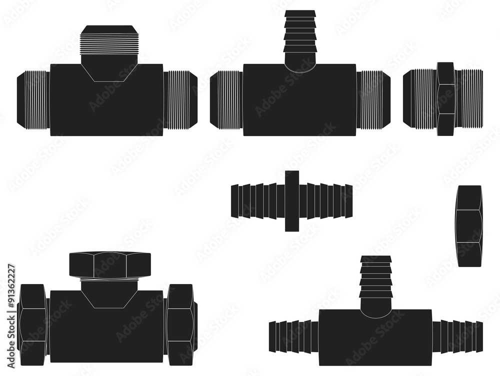 Pipe Fitting. Brass fitting with Threaded. Black icon. Stock Vector ...