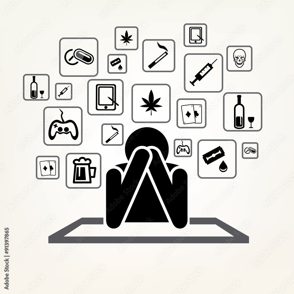 addict man and set of addiction symbols, outlined vector sketch Stock ...