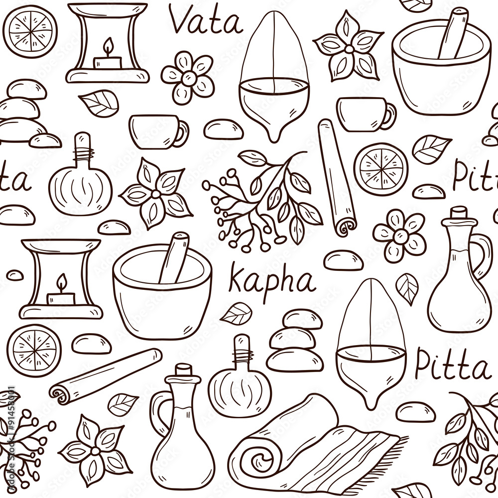 Seamless background with cartoon ayurvedic objects in hand drawn Stock ...