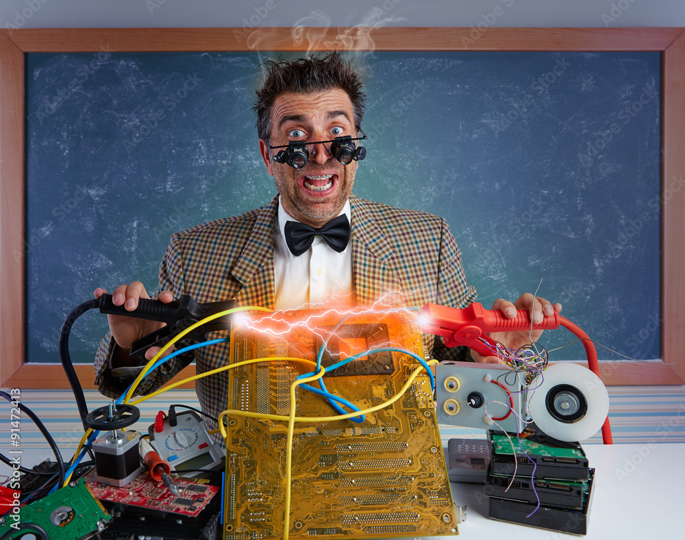 Nerd electronics technician short circuit lightning Stock-Foto | Adobe ...
