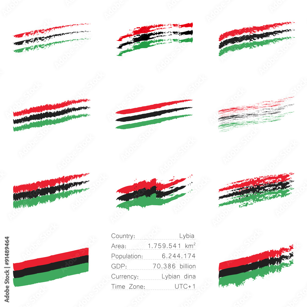 Libyan flag colored hand drawn lines set with different looks like ...