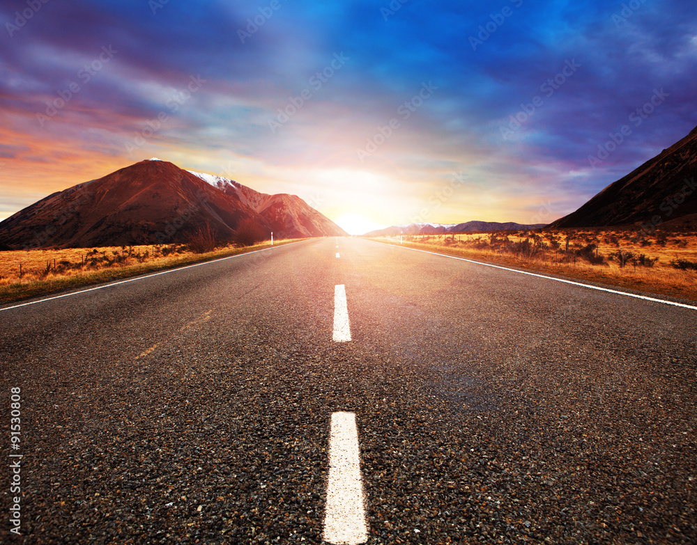 beautiful sun rising sky with asphalt highways road in rural sce Stock ...