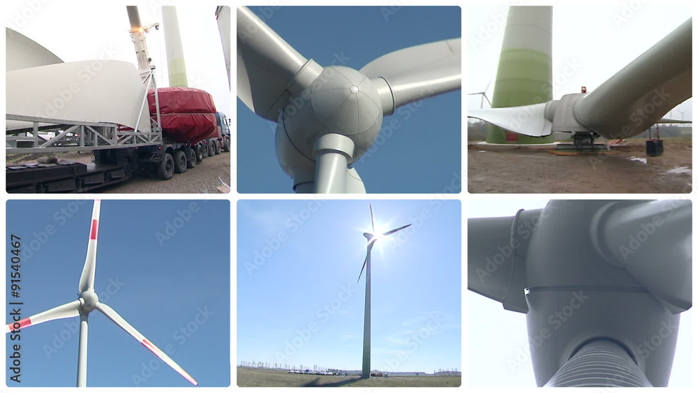 Wind turbine parts transportation and assembly works. Windmills spin in ...