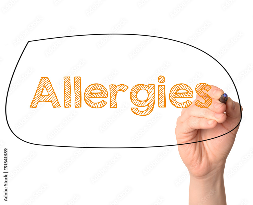 hand-written word Allergies on a white background in a circle Stock ...