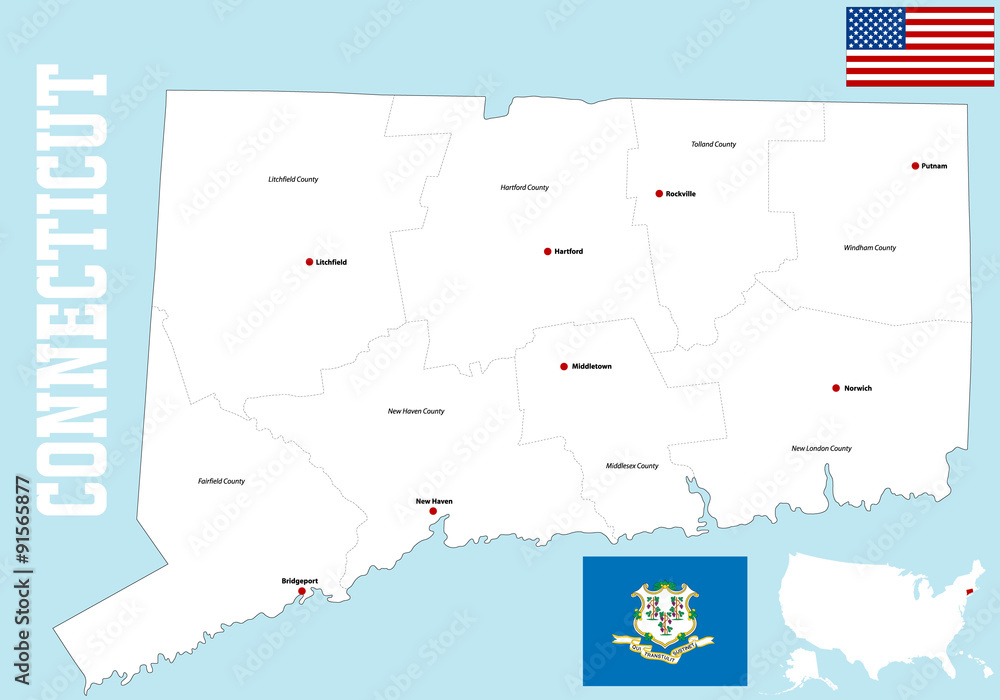 A large and detailed map of the State of Connecticut with all counties ...