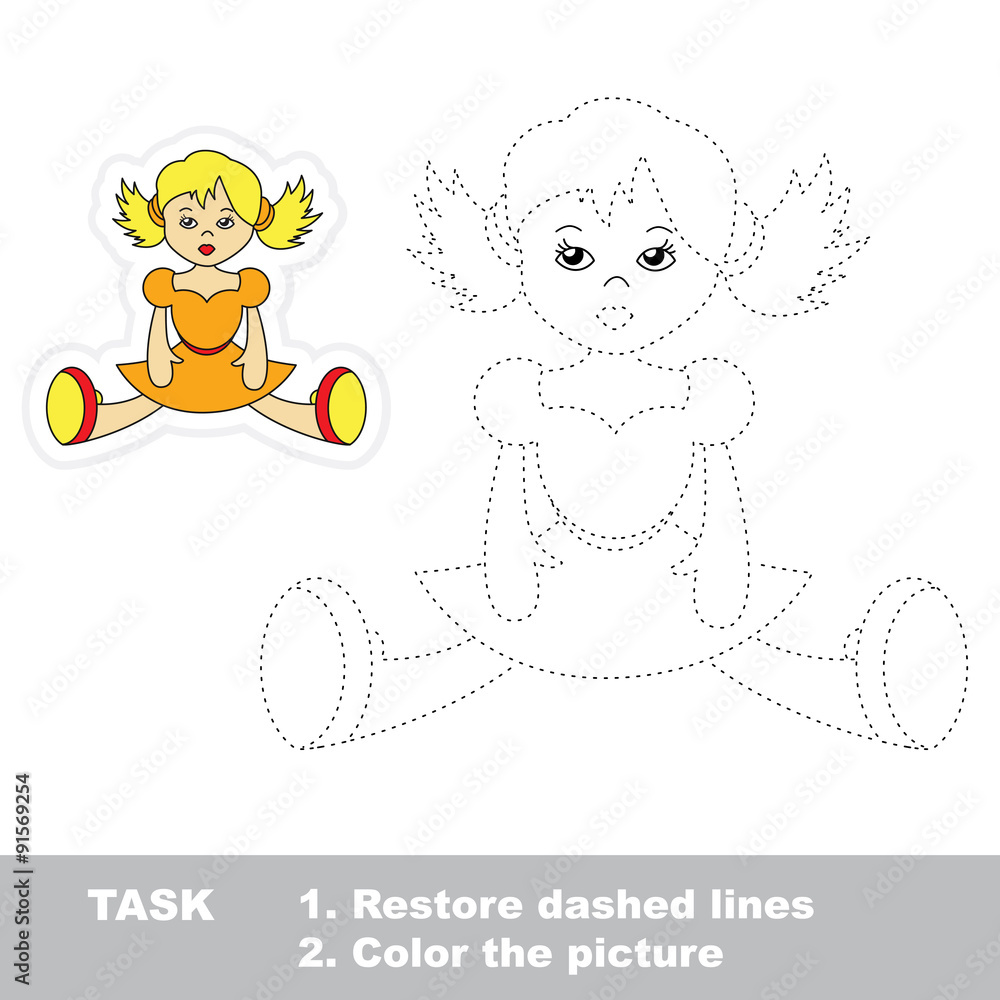 One cartoon doll to be traced. Restore dashed line and color pic Stock ...