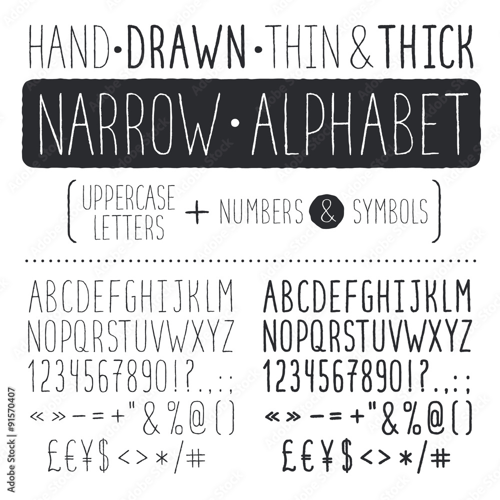 Hand drawn narrow alphabet. Uppercase tall and thin letters isolated on ...