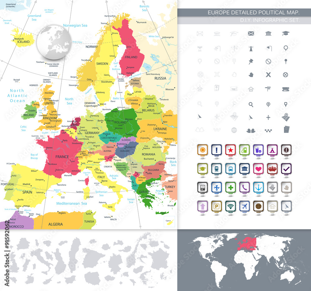 Europe detailed map with a square 3D icons Stock Vector | Adobe Stock