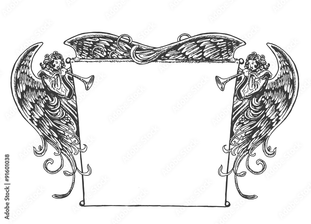 Angel Banner, Vintage Style. Old fashioned drawing of angels holding up ...