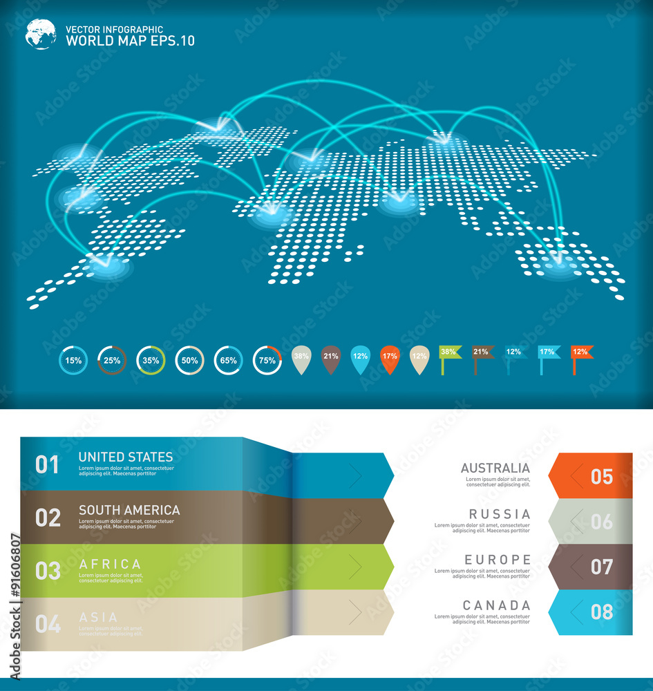 World map infographics, Digital world map with line travel trajectory ...