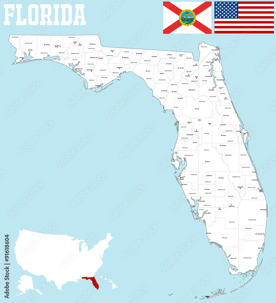 A large map of the State of Florida with all counties and county seats ...