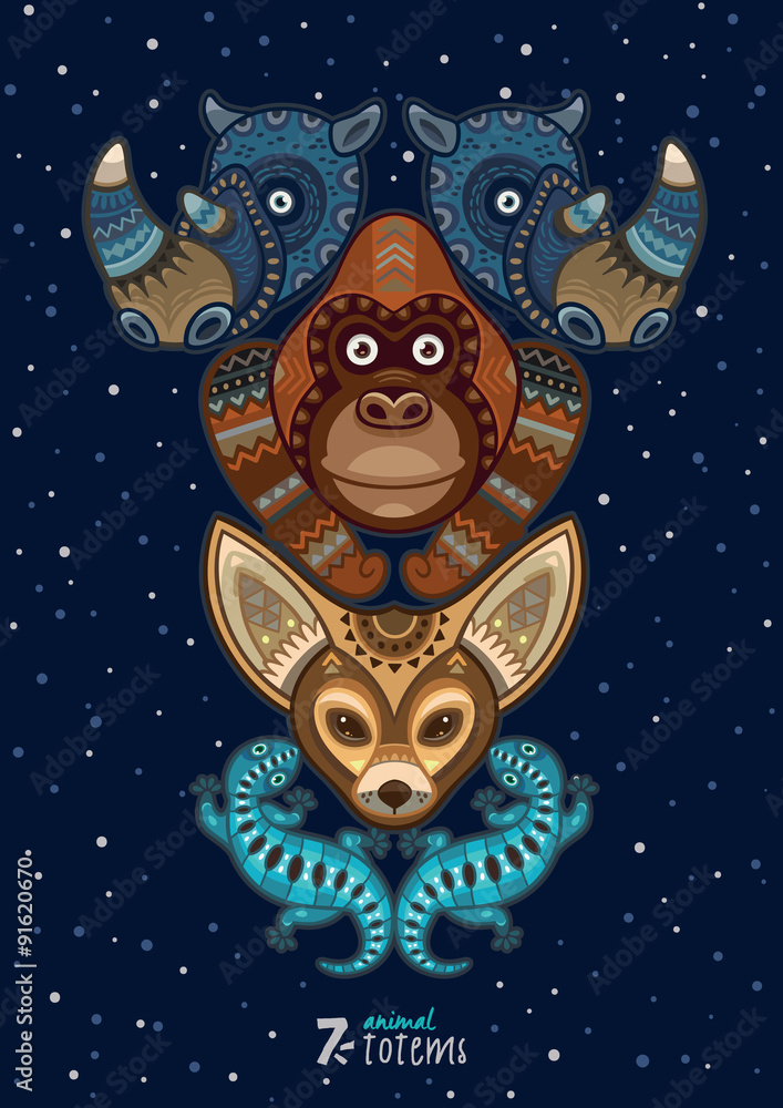 Hand drawn decorative cartoon totem with animals Stock Vector | Adobe Stock