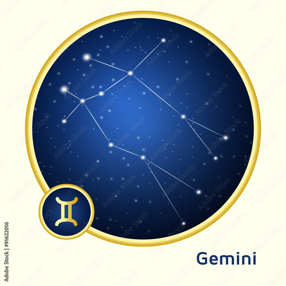 Gemini constellation zodiac sign in golden circle at starry night sky ...