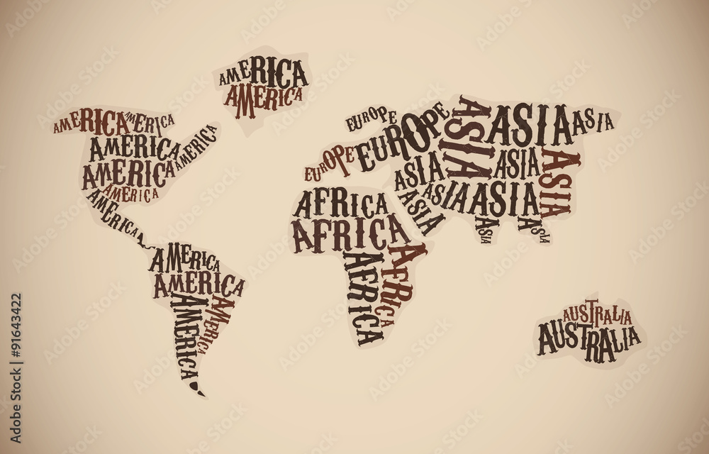 World Map in Typography. Continent words Stock Vector | Adobe Stock
