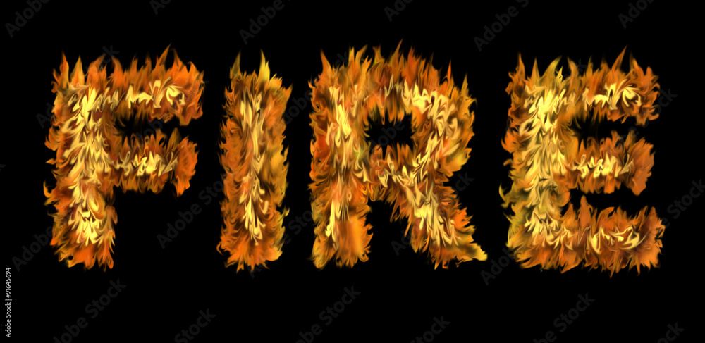 The word FIRE written with letters made from fire on black backg Stock ...