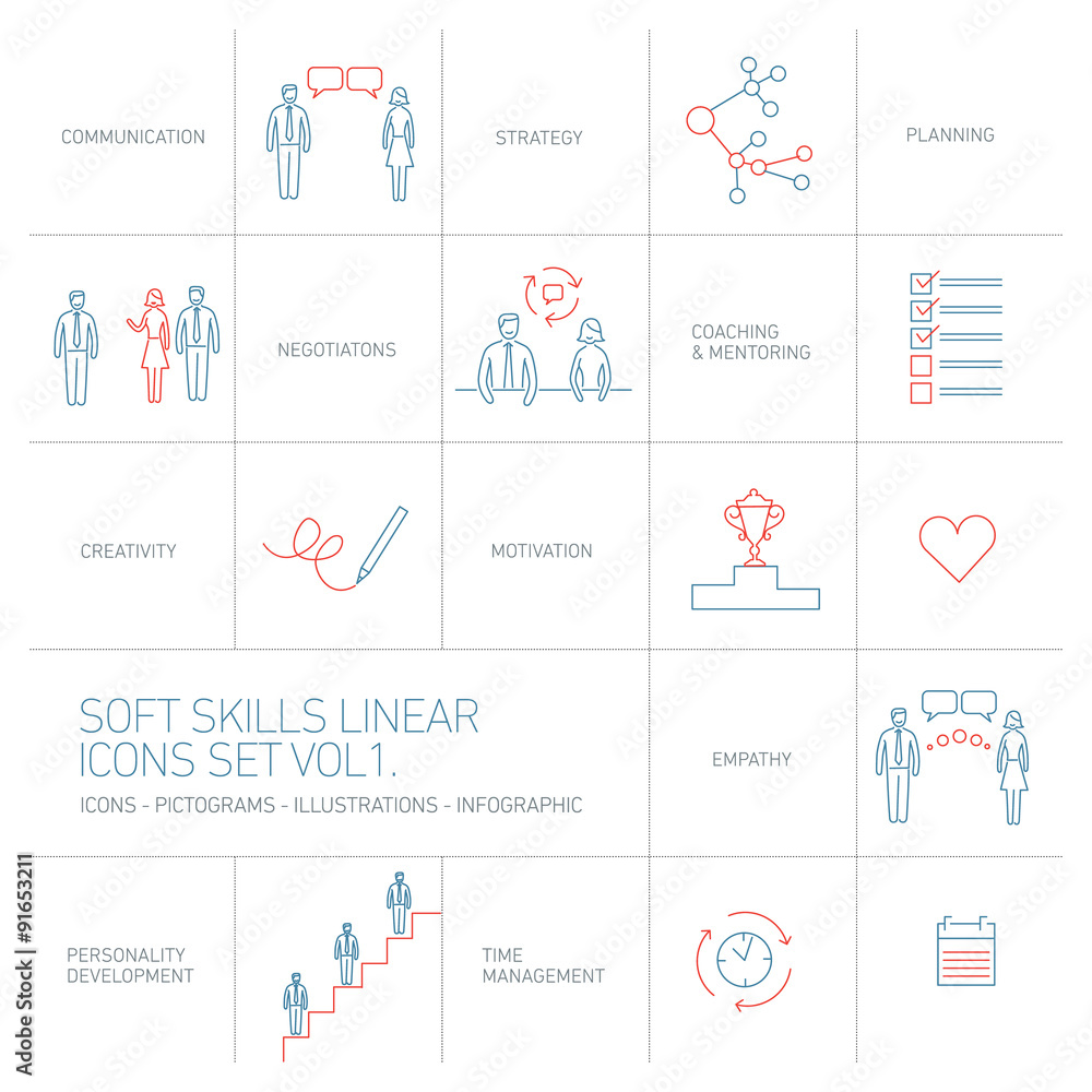 Soft skills vector linear icons and pictograms set blue and red Stock ...