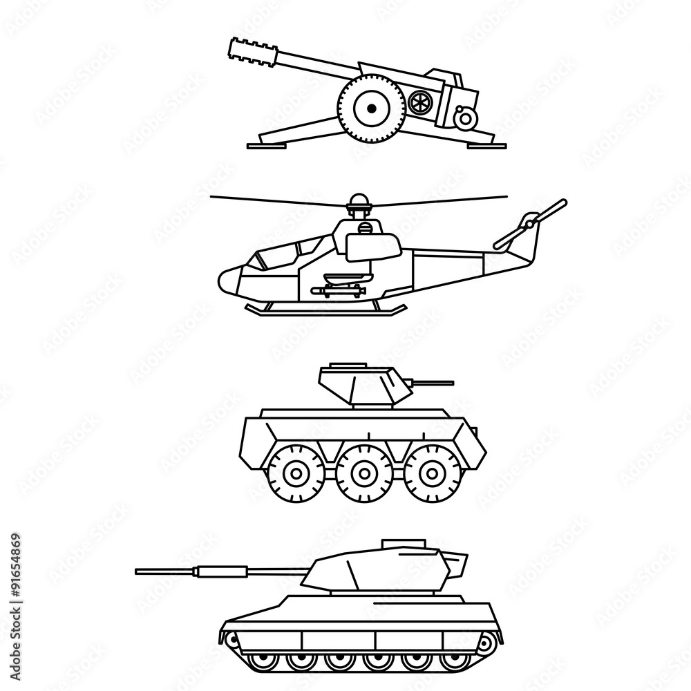 Military vector set. Outline cannon, helicopter, armored troop-carrier ...