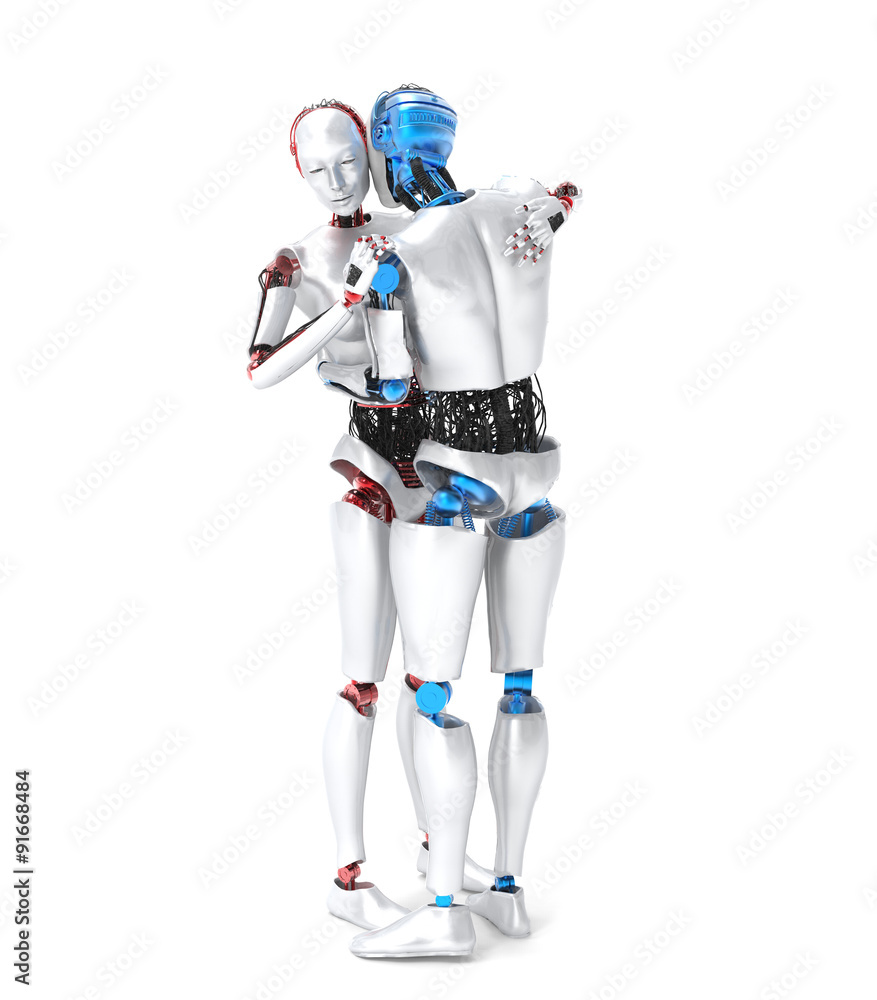 Two hugging robots, white background Stock Illustration | Adobe Stock