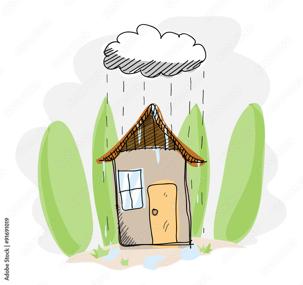 Rainy Day, a hand drawn vector illustration of a house on a rainy day ...