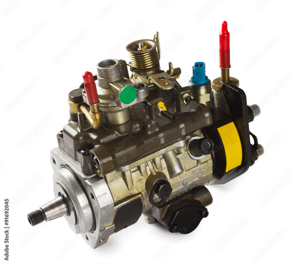 Diesel fuel injection pump isolated on white. Stock Photo | Adobe Stock