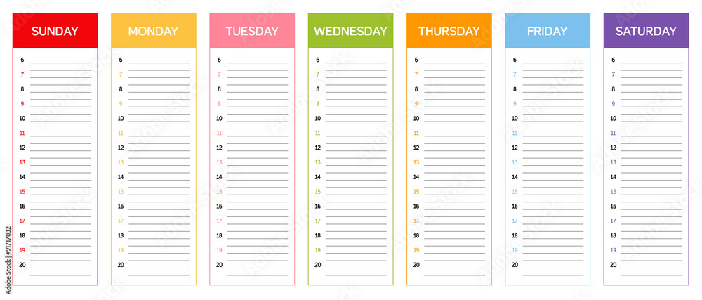 Week planning calendar (colors according to Thai astrology) Stock ...