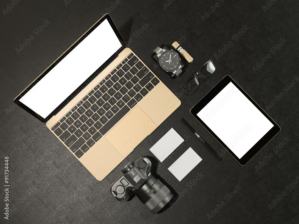 Designer accessories and gadgets on black leather background Stock ...