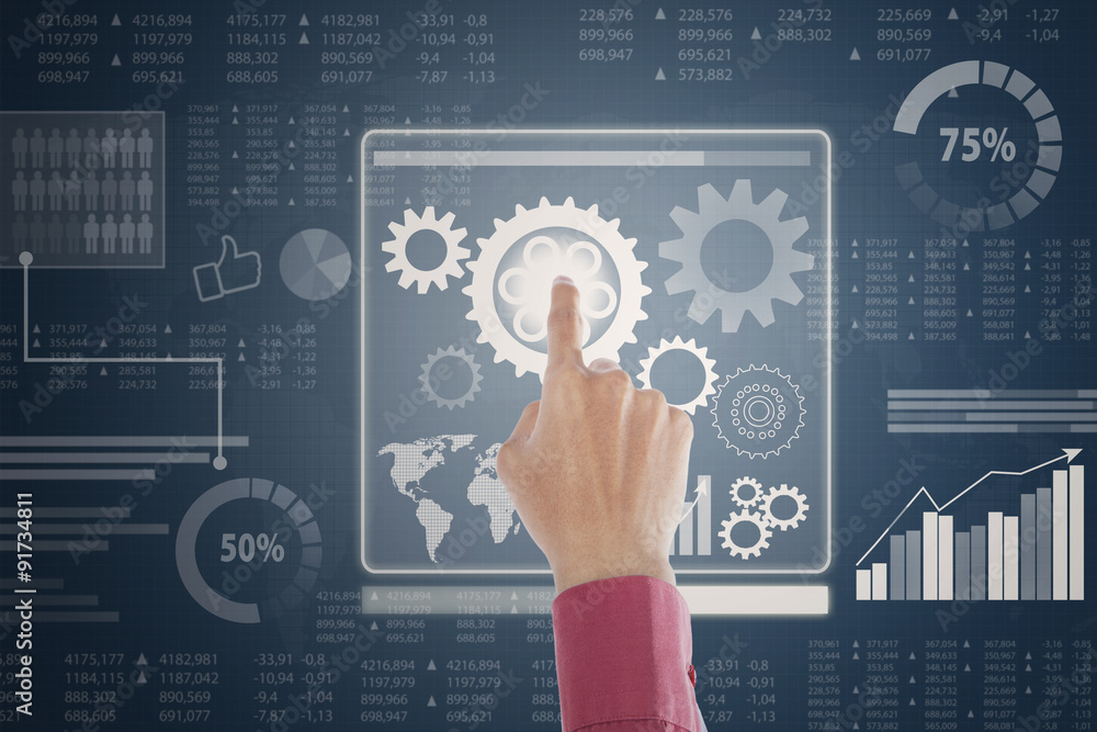 Businessman hand touching screen with financial data Stock Photo ...