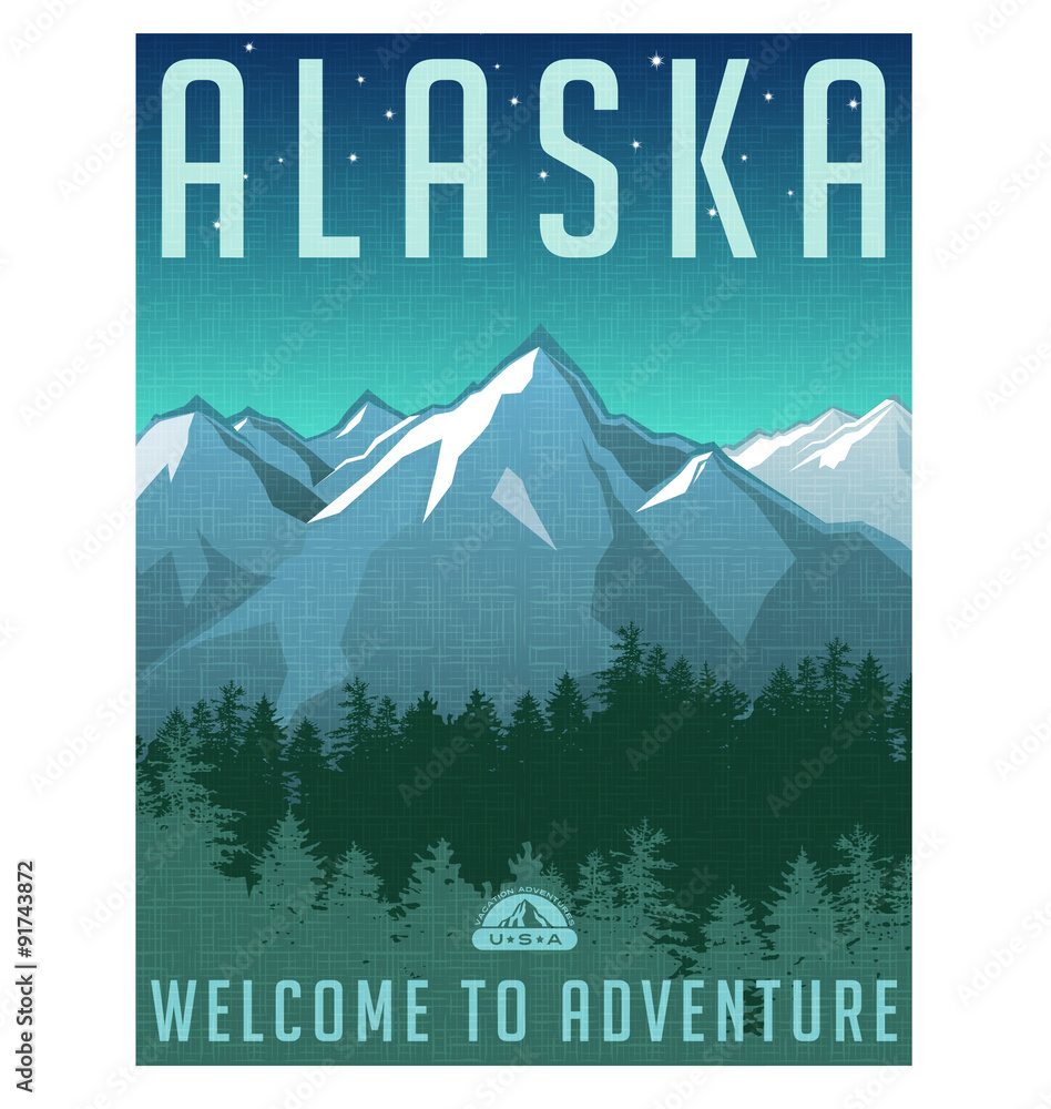 Retro style travel poster series. United States, Alaska mountain ...