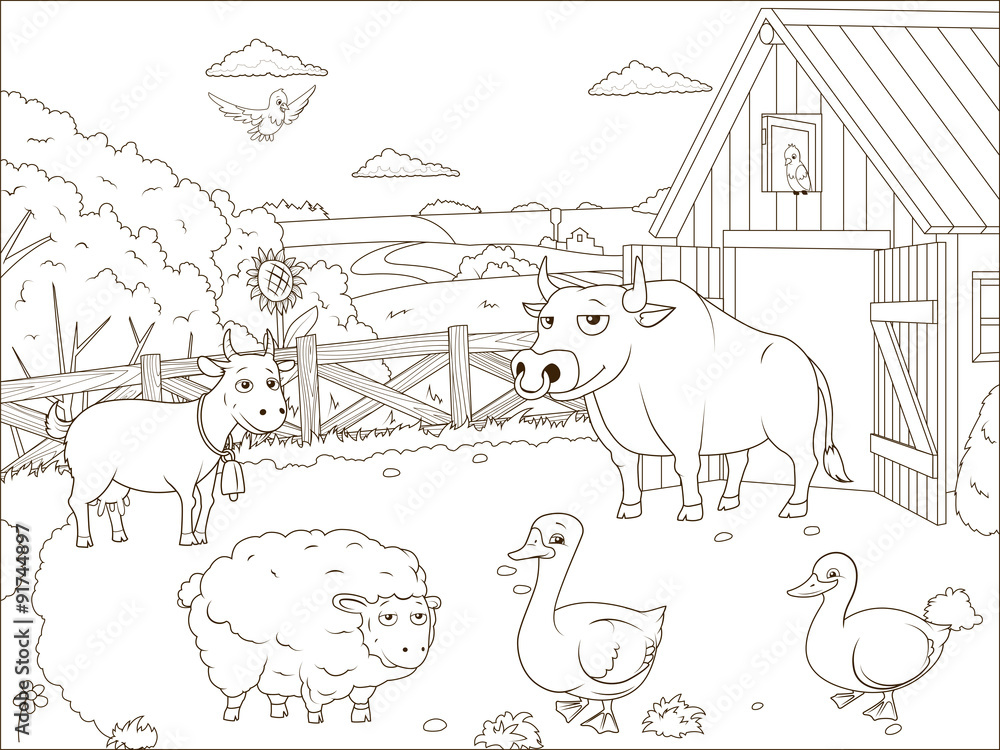 Coloring book farm cartoon educational illustration Stock Vector ...