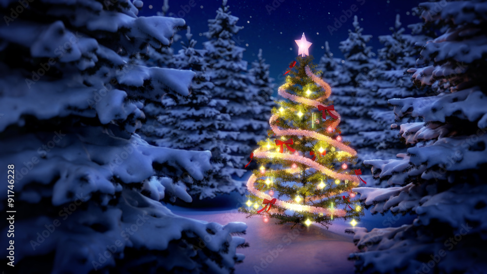 illuminated christmas tree in pine woods at night Stock Illustration ...