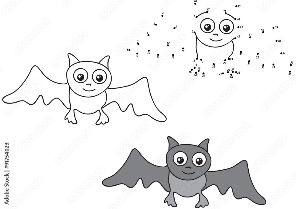 Cartoon bat. Vector illustration. Coloring and dot to dot game f Stock ...