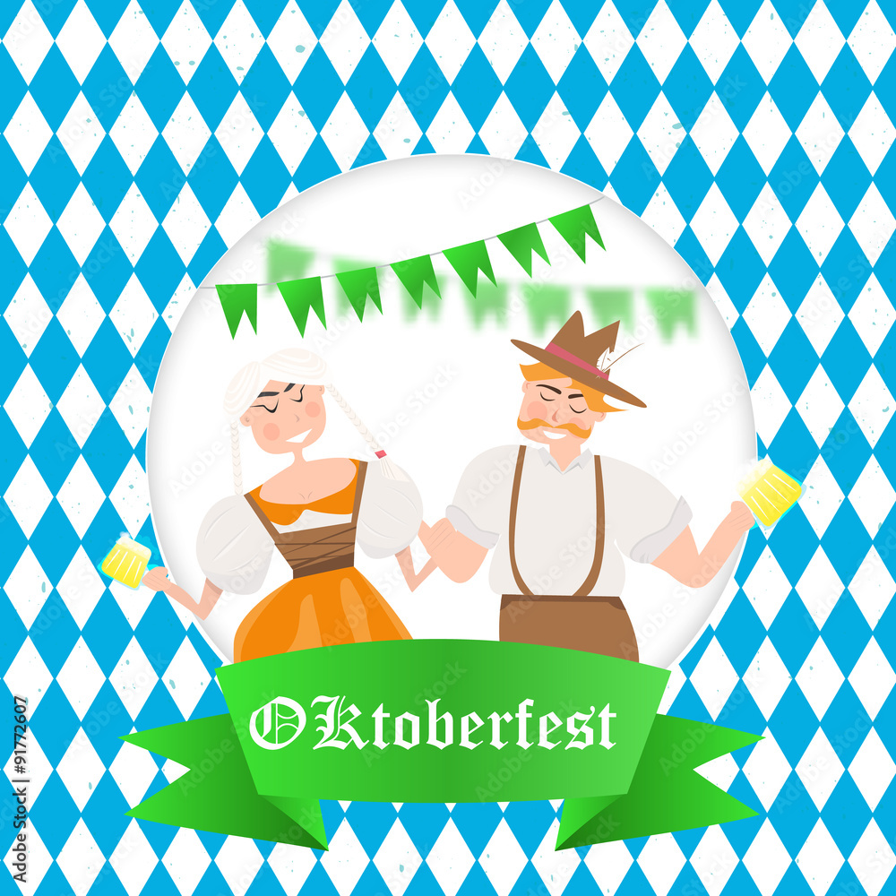 Vector oktoberfest cartoon style dancing woman and man poster Stock ...