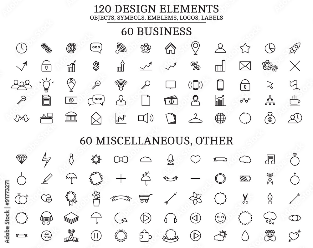 120 Design Elements , Objects, symbols, emblems, logos, labels Stock ...