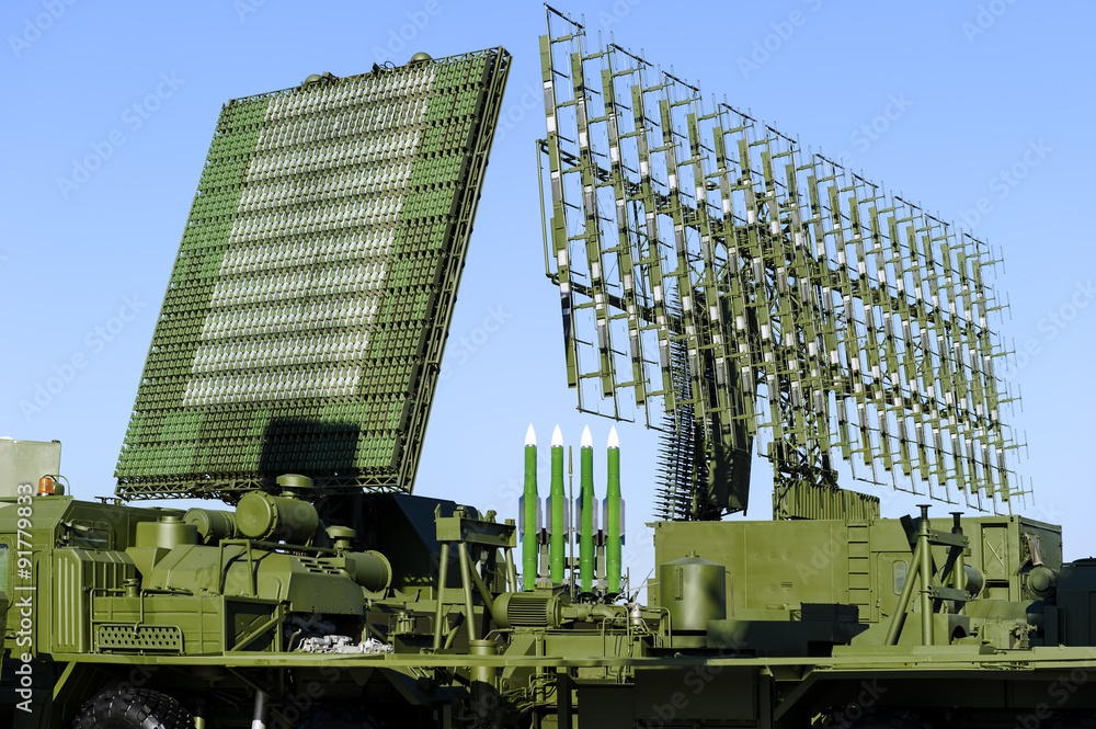 Air defense radars of military mobile antiaircraft systems in green ...