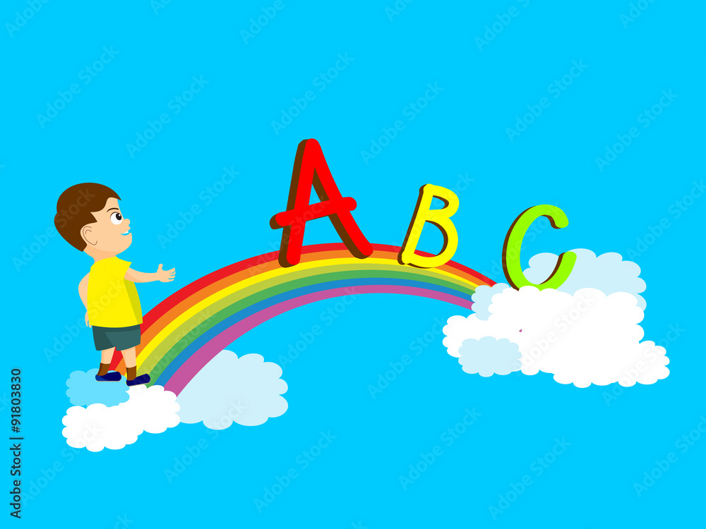 Young boy trying to cross a rainbow bridge with alphabet, ABC Stock ...