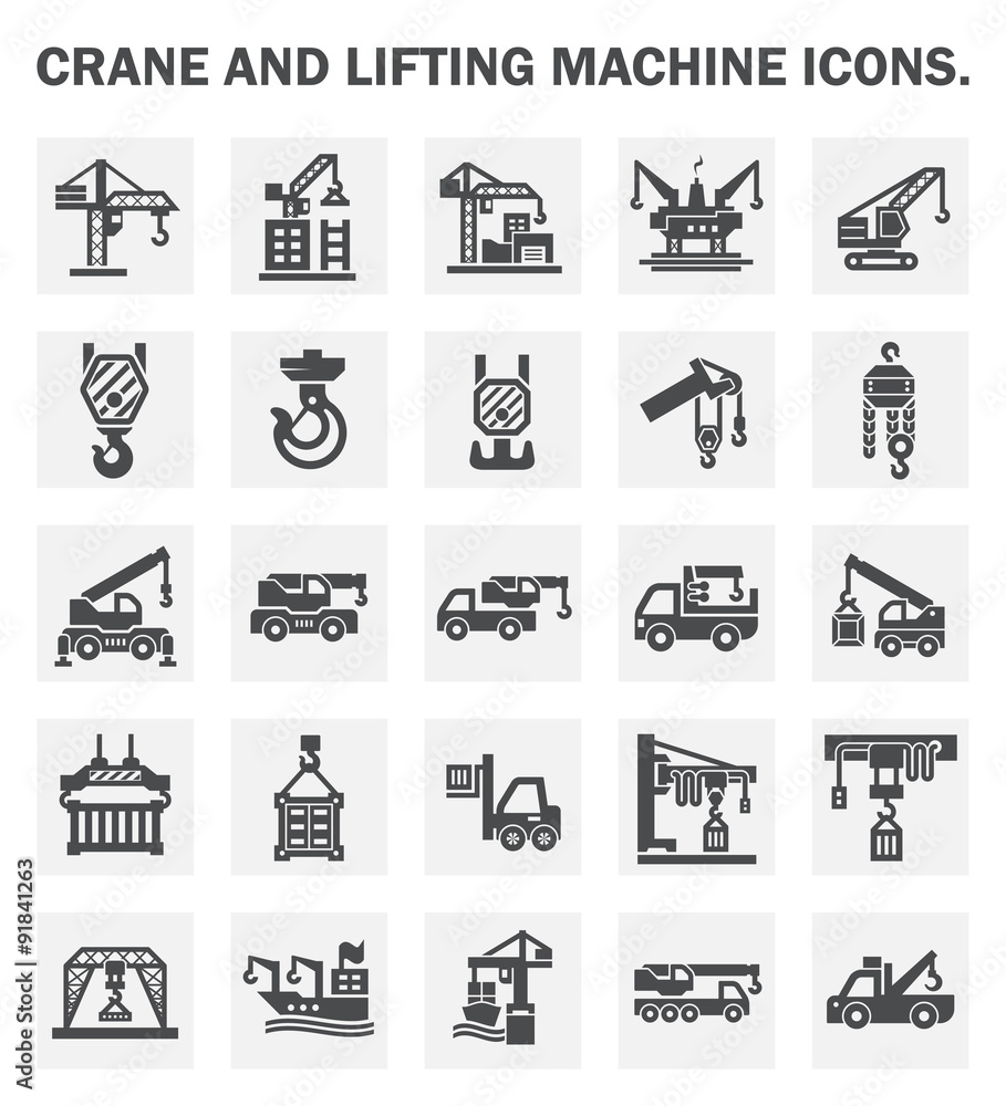 Crane icon or lifting equipment i.e. tower, crawler, wich, mobile ...