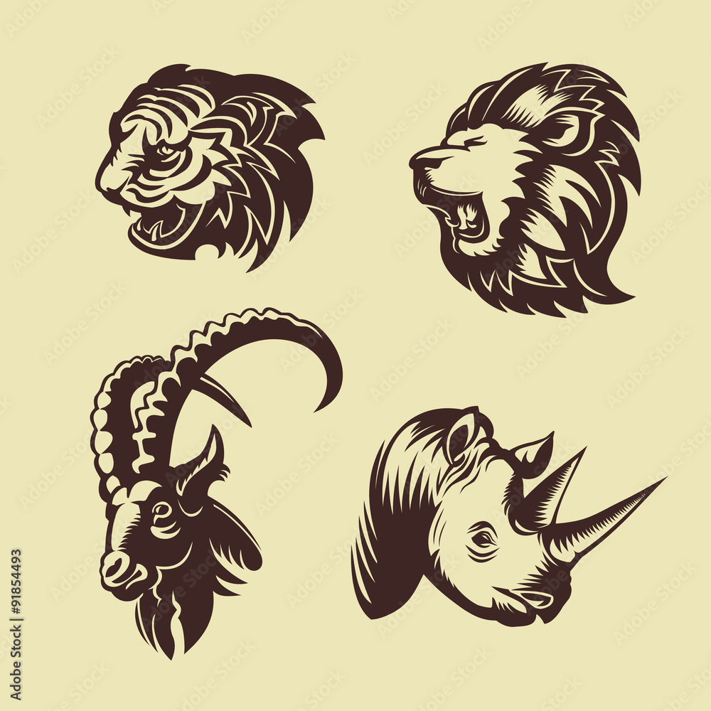 Collection of animal heads. Lion, tiger, rhino and goat. Tattoo and ...