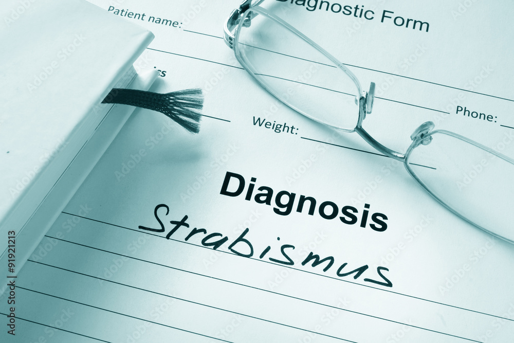 Diagnosis list with Strabismus and glasses. Eye disorder concept ...