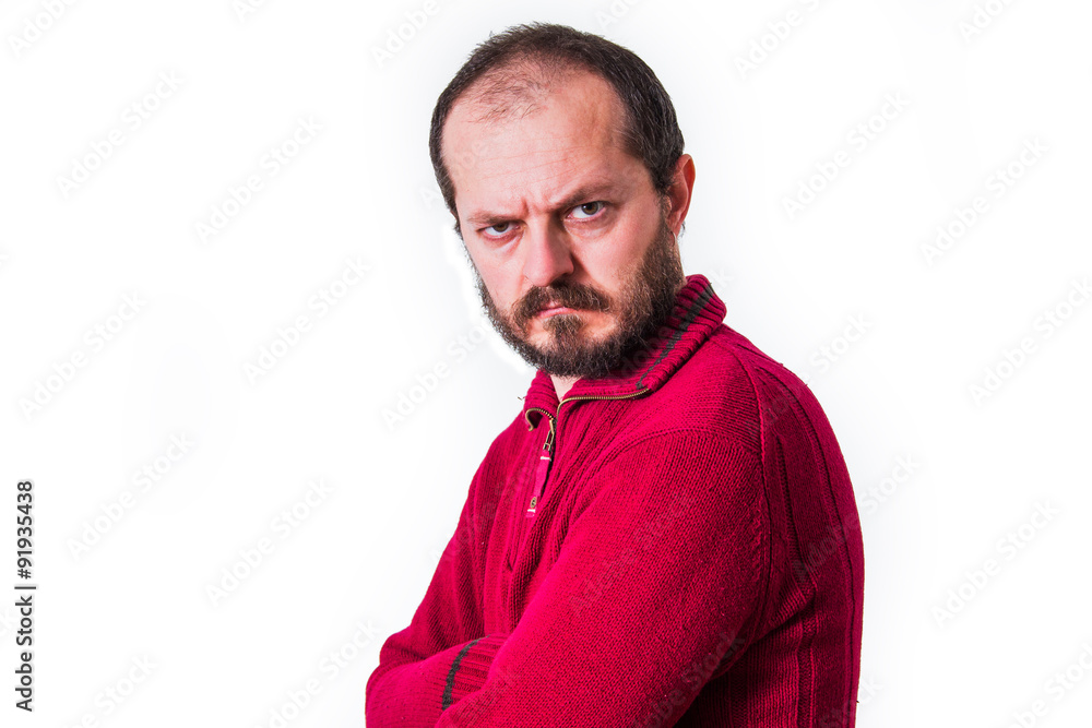 Portrait of angry man in red sweater, with beard and mustaches Stock ...