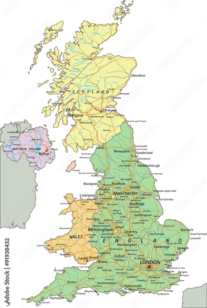 United Kingdom - Highly detailed editable political map with separated ...