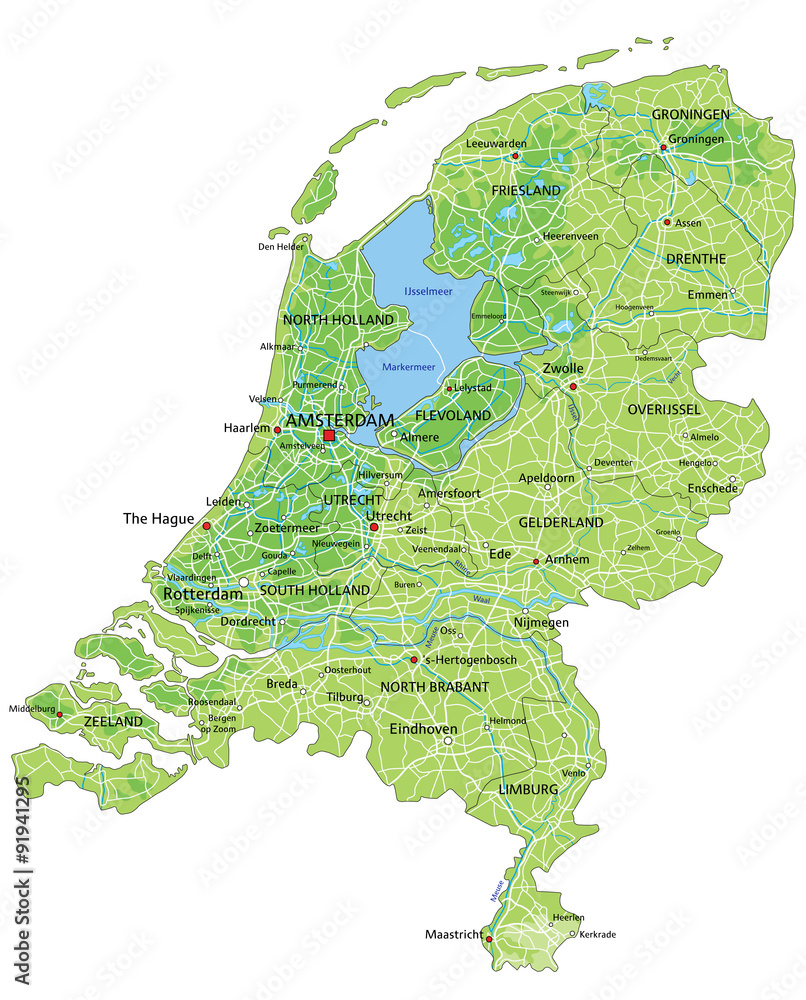 High detailed Netherlands physical map with labeling. Stock Vector ...