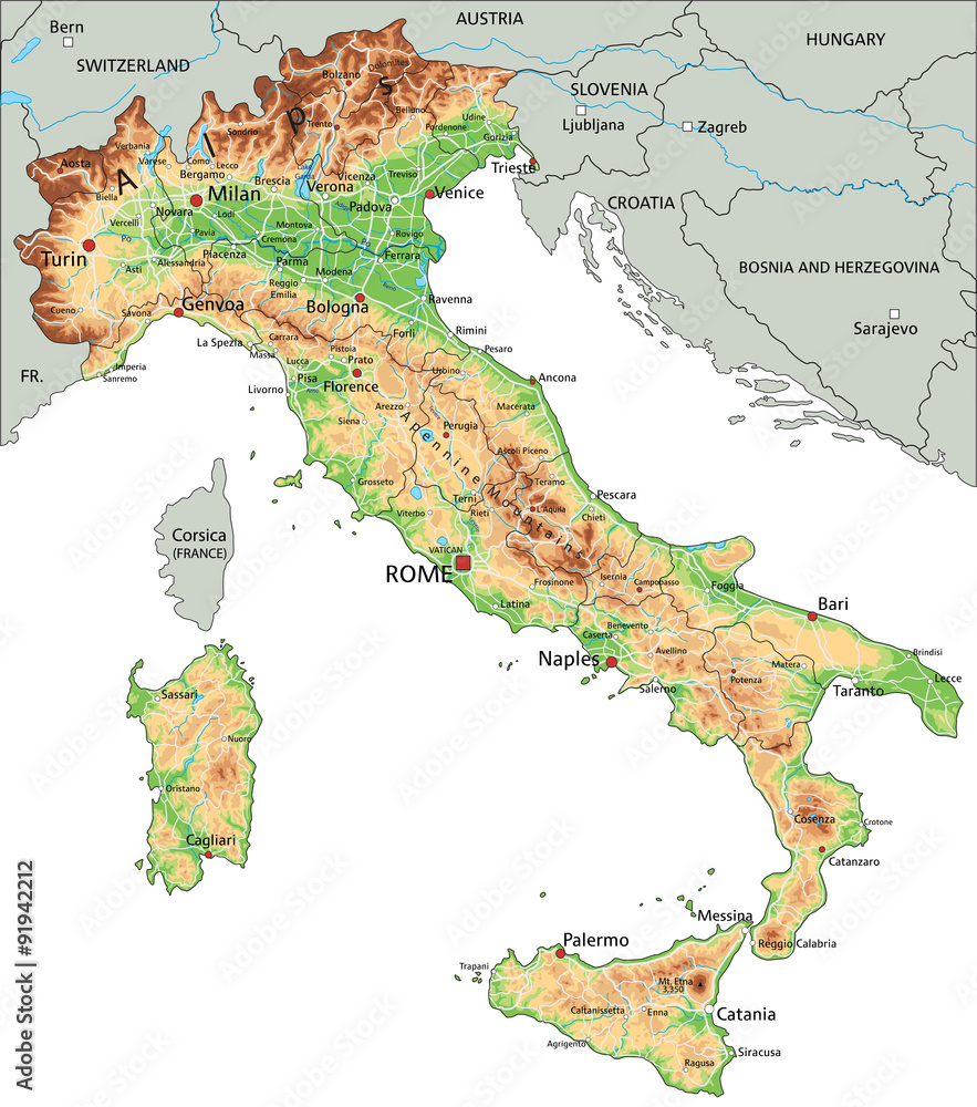 High detailed Italy physical map with labeling. Stock Vector | Adobe Stock
