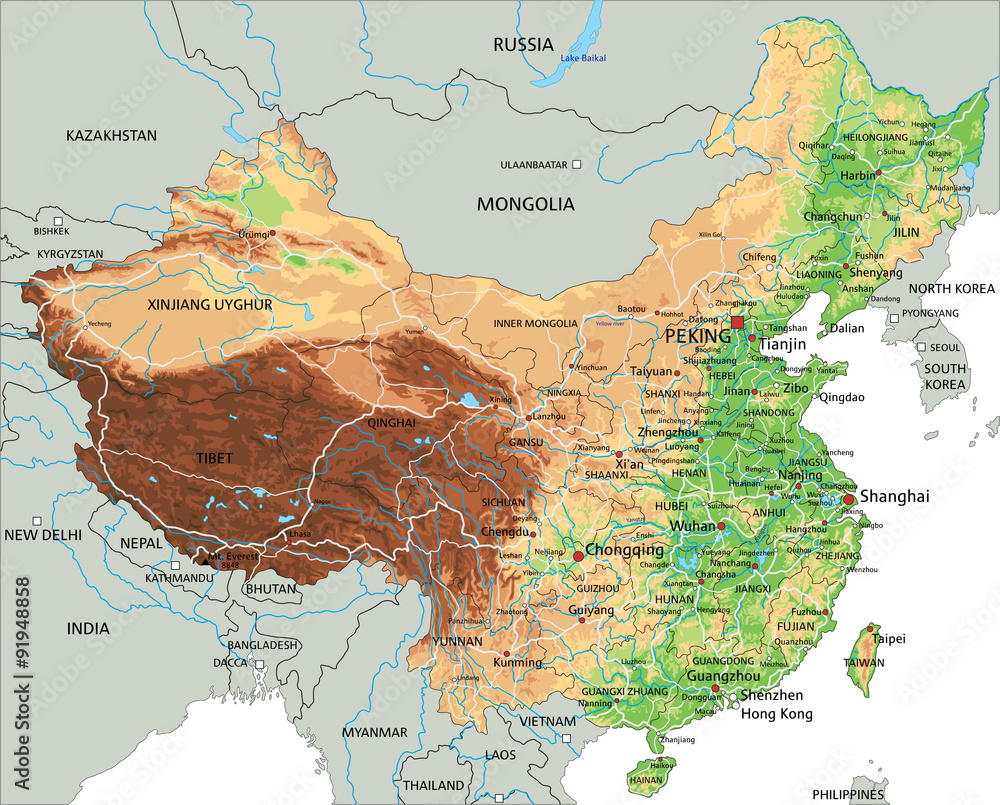 High detailed China physical map with labeling. 素材庫向量圖 | Adobe Stock