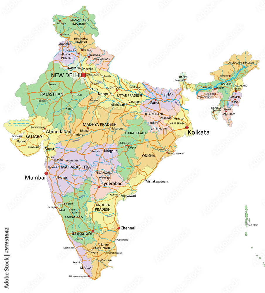 India - Highly detailed editable political map with labeling. Stock ...
