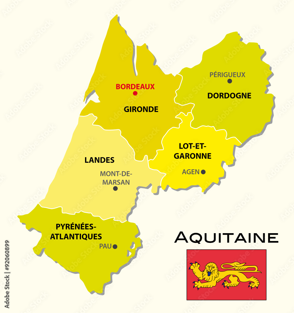 simple administrative map Aquitaine with flag Stock Vector | Adobe Stock