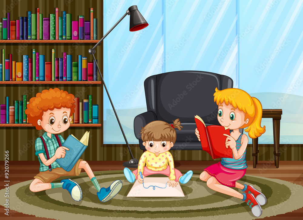 Children reading and drawing in the room Stock Vector | Adobe Stock