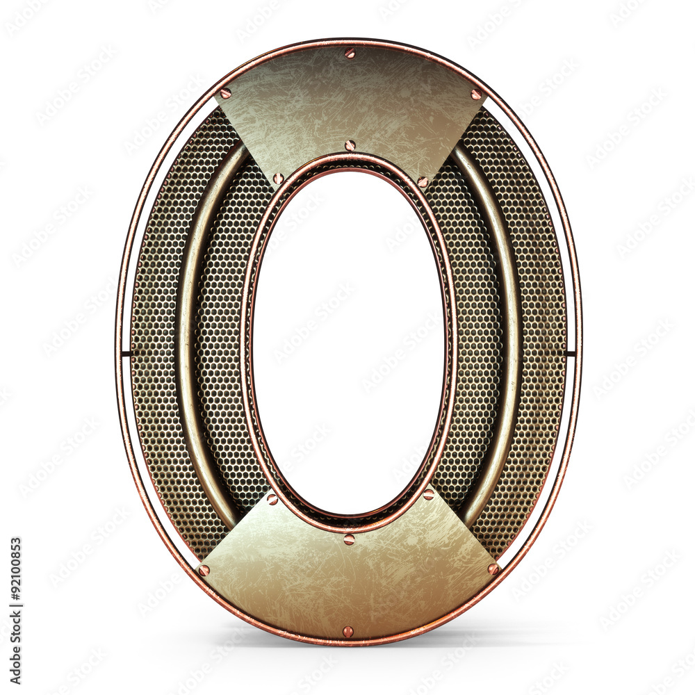 3d number zero 0 symbol with rustic gold metal, mesh, tubes with copper ...