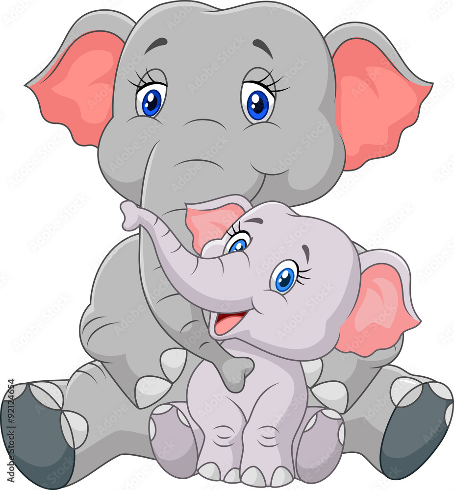 Cartoon mother and baby elephant sitting isolated on white background ...