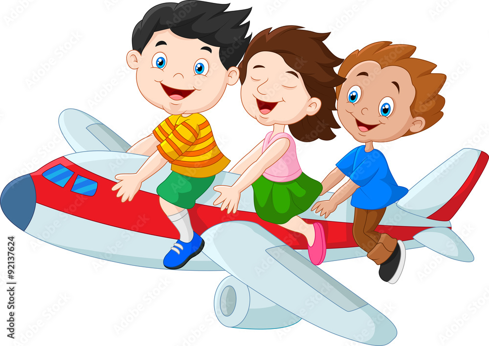 Cartoon little kids riding airplane isolated on white background Stock ...