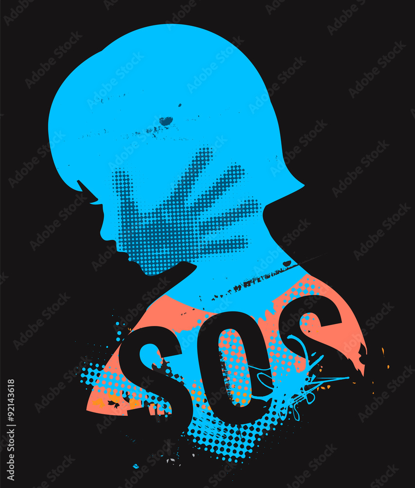 SOS Violence against children. Little girl head grunge silhouette with ...